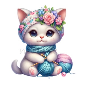 Knitting Kitten Clipart, 10 Cute Cat With Flowers and Yarn, Digital Art ...
