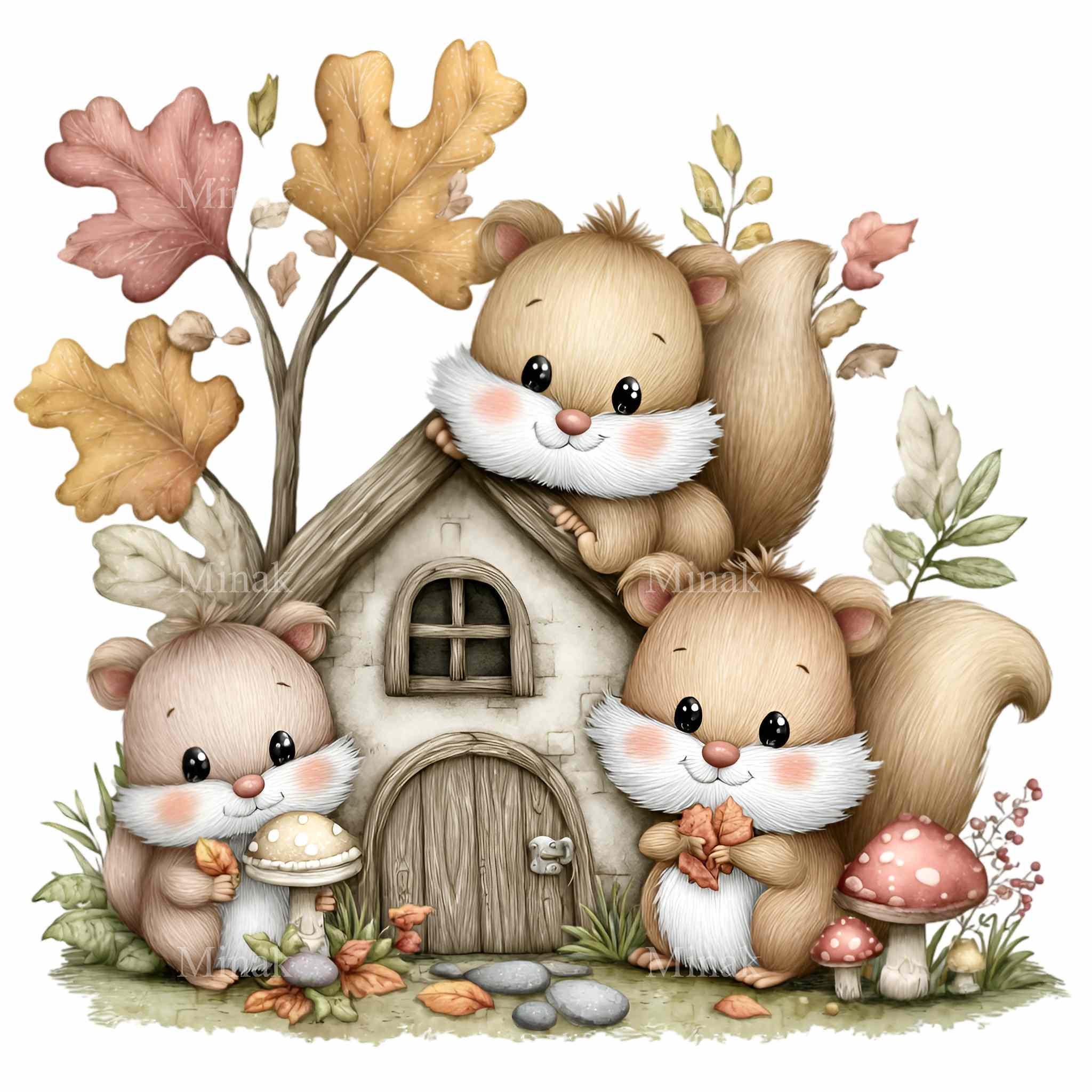 15 PNG Woodland Squirrels PNG – Cute Autumn Forest House Clipart, Fall ...