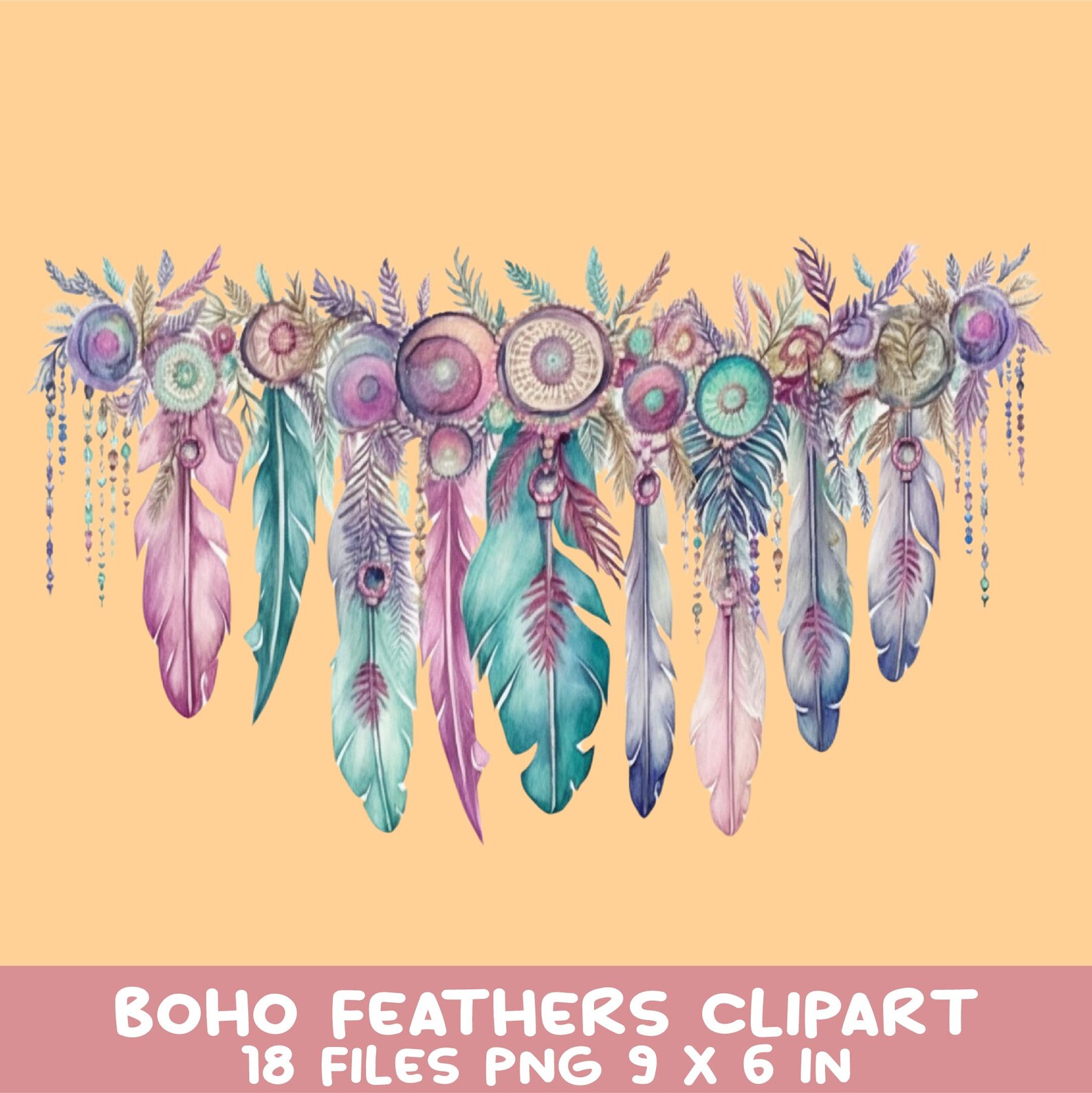 Boho Feathers Clipart Bundles, 18 PNG Watercolor Beaded Plumes Garland ...