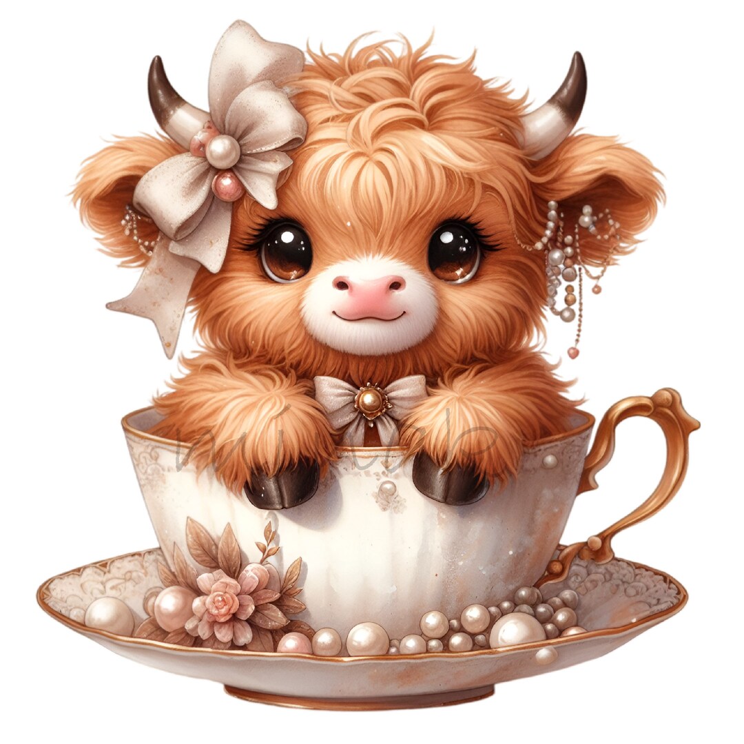 12 Cute Highland Cow PNG, Fluffy Calf in Teacup With Pearls & Bow ...