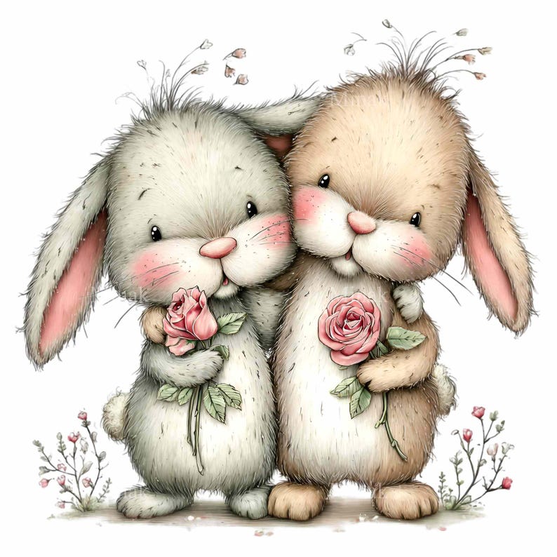16 PNG Bunny Couple Clipart – Baby Rabbits Hug Illustration, Pastel ...