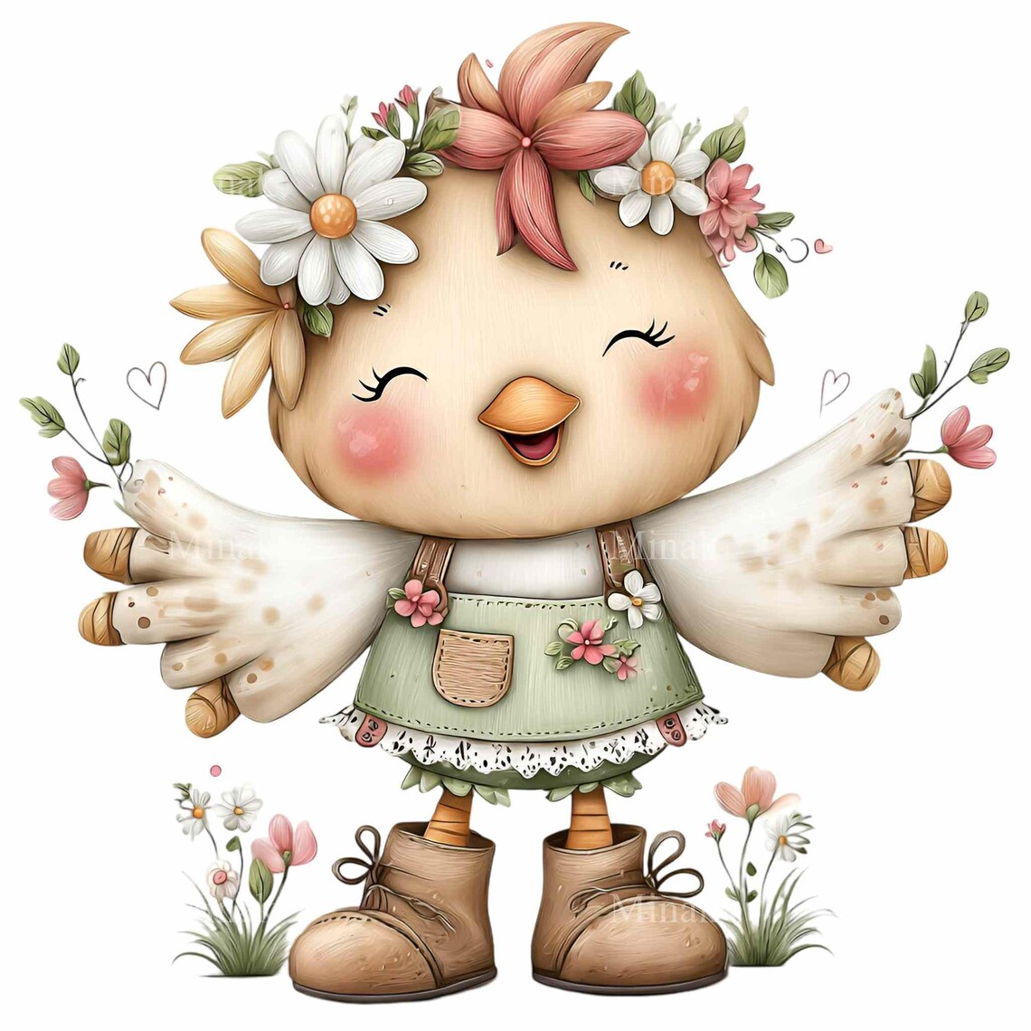 16 PNG Spring Chick Clipart – Cute Flower Crown Bird in Boots and Dress ...