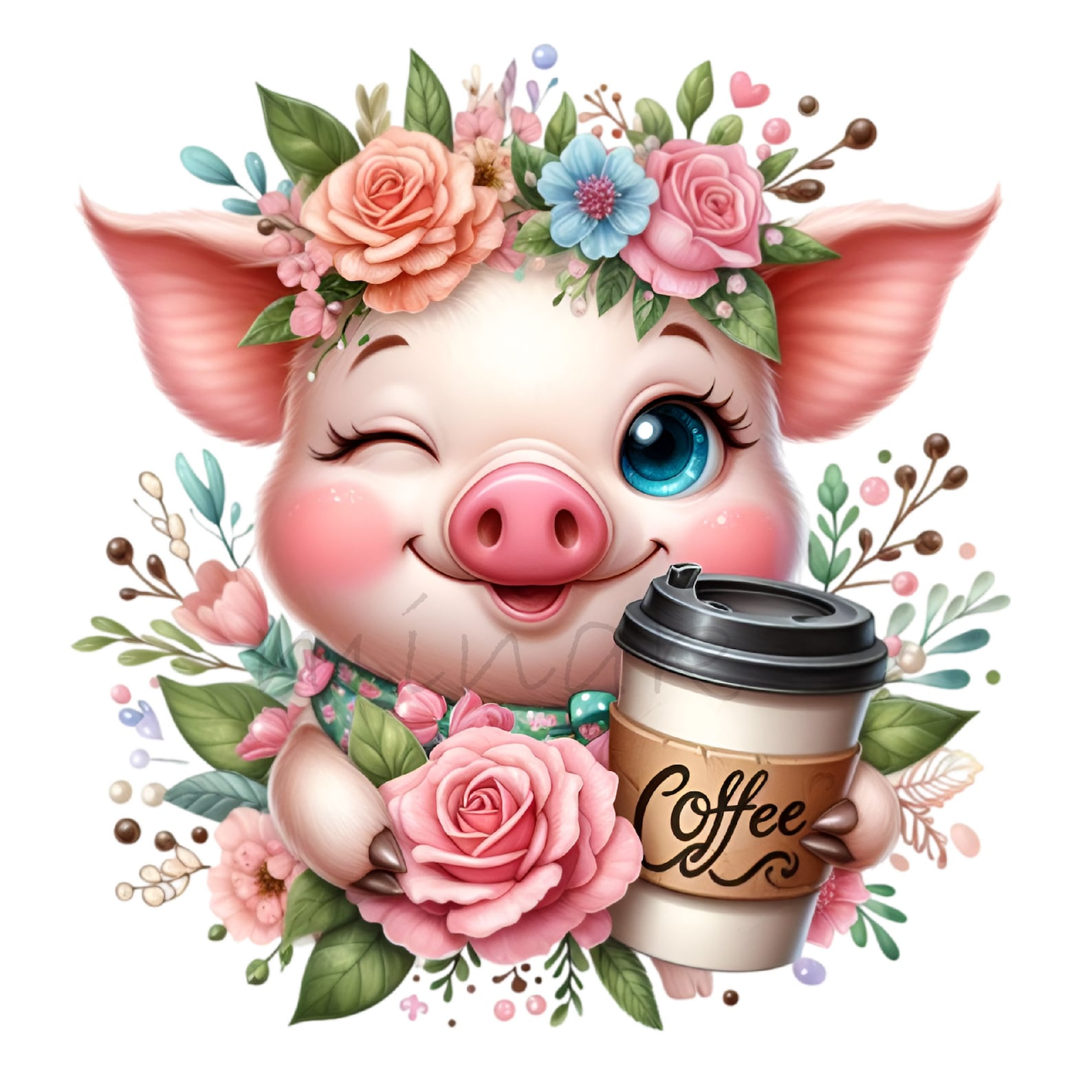 14 PNG Coffee Pig Clipart – Winking Pig With Floral Latte, Funny Farm ...