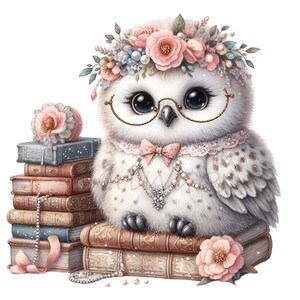12 PNG Book Owl Clipart – Floral Owl Art With Glasses and Vintage Books ...