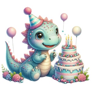 Cute Birthday Dinosaur Clipart, 14 Party Dino With Cake and Balloons ...