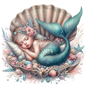 Mermaid Clipart, Sea Shell Clip Art, 10 PNG Watercolor Fairytale Clip ...
