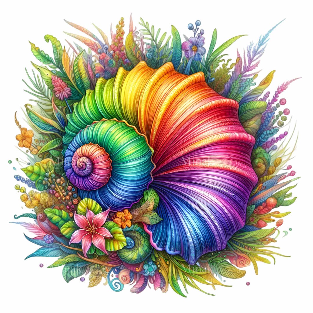10 PNG Rainbow Sea Shell Clipart, Vibrant Spiral Snail Colorful Ocean ...