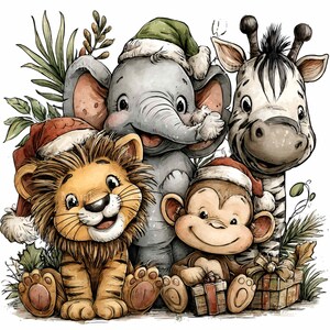 10 PNG Safari Animals Christmas Clipart – Cute Zoo PNG – Digital ...