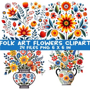 Folk Art Flowers Clipart Bundle 24 PNG Floral Rustic Patterns Card ...