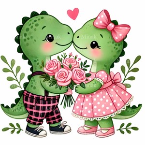 10 Romantic Dinosaur Couple PNG Clipart, Cute Dino With Roses Digital ...