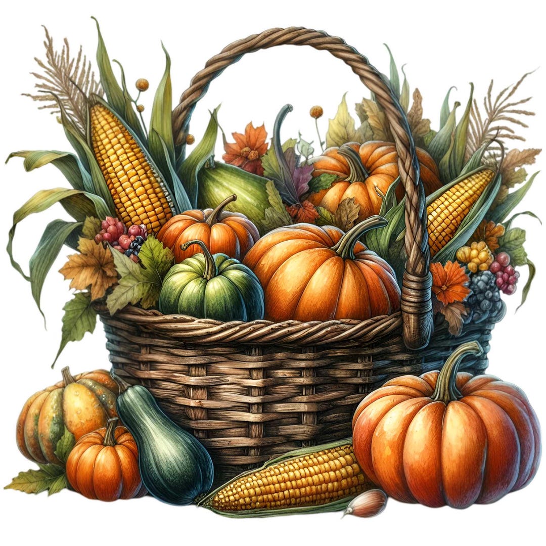Harvest Basket Clipart, 12 Fall Pumpkins and Corn PNG, Autumn Harvest ...