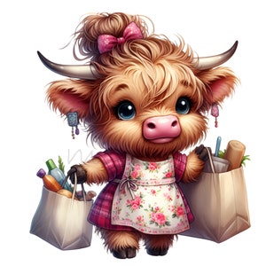 15 Cute Highland Cow Clipart PNG Adorable Cow With Groceries Whimsical ...