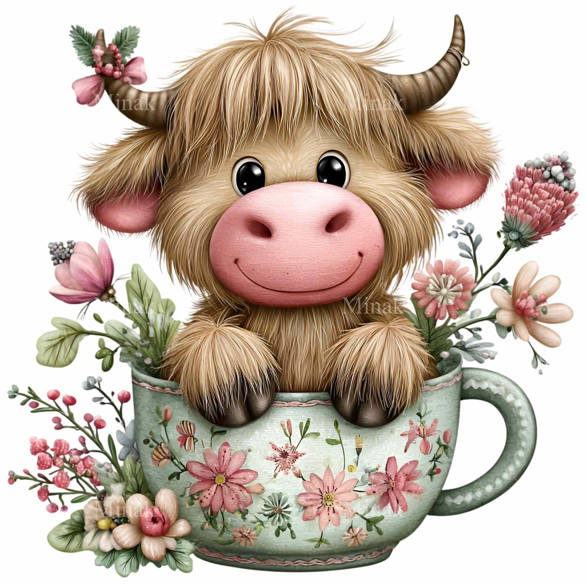 15 PNG Highland Cow Teacup Clipart – Floral Baby Cow Illustration ...