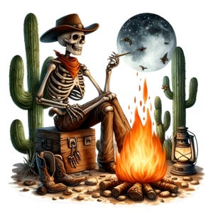 Skeleton Cowboy by Campfire Clipart PNG 12 Spooky Desert Night With ...