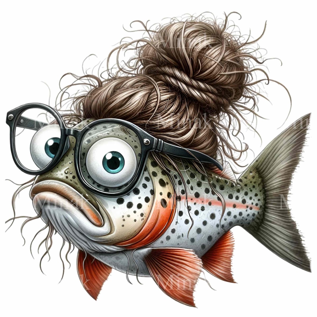 Funny Trout Clipart - 15 Quirky Fish With Glasses and Hair Bun Digital ...