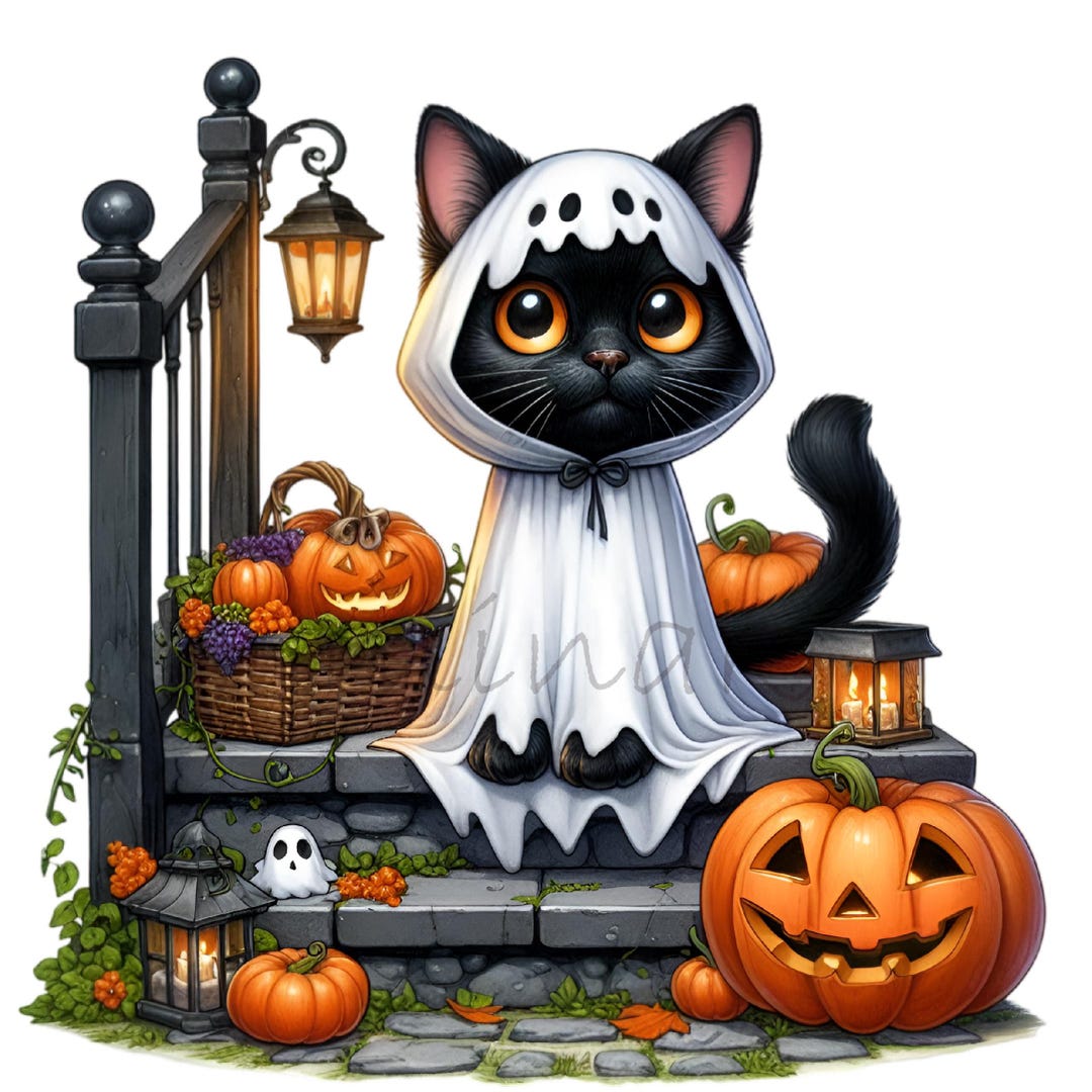 Spooky Cat in Ghost Costume With Pumpkins 12 Halloween Clipart PNG for ...