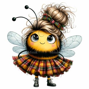 12 Cute Scottish Bee PNG Clipart, Adorable Bumblebee With Plaid Bow and ...