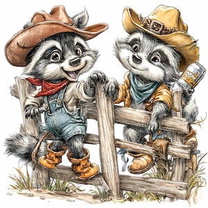 10 PNG Cowboy Raccoon Duo – Western Woodland Animal Clipart With Hats ...