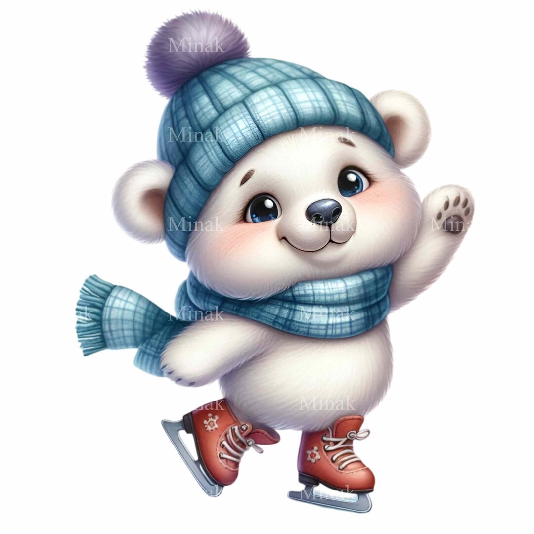 10 Cute Polar Bear PNG Clipart, Ice Skating Bear in Winter Hat and ...