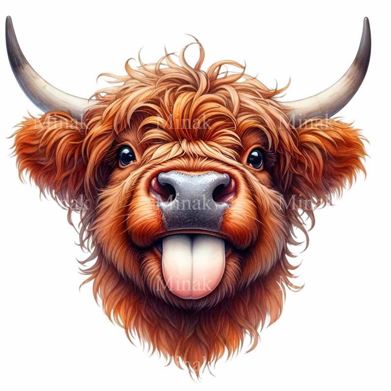 Funny Highland Cow Clipart, 10 Cute Cow Sticking Tongue Out, Playful ...