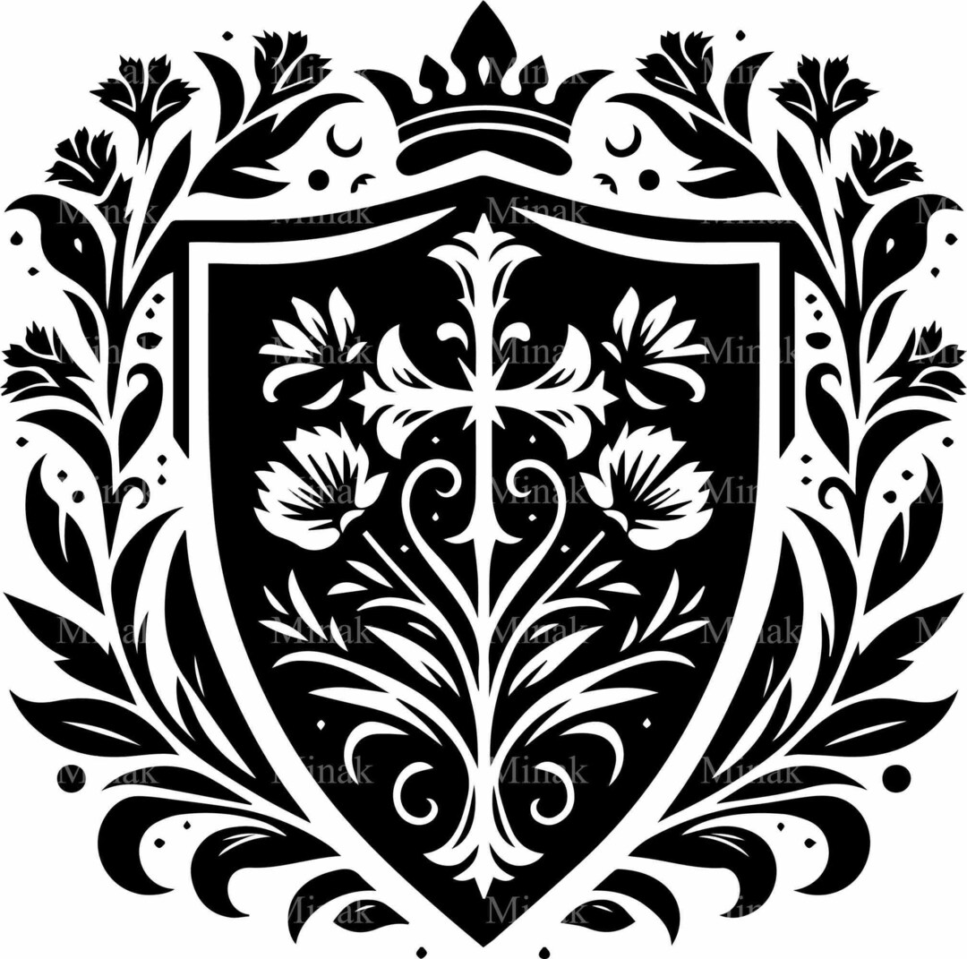 8 SVG Floral Shield SVG, Medieval Heraldic Emblem Clipart, Vintage ...