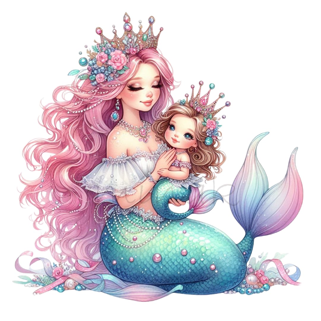 15 Mermaid Mom and Daughter PNG Clipart – Beautiful Mermaid Pair With ...
