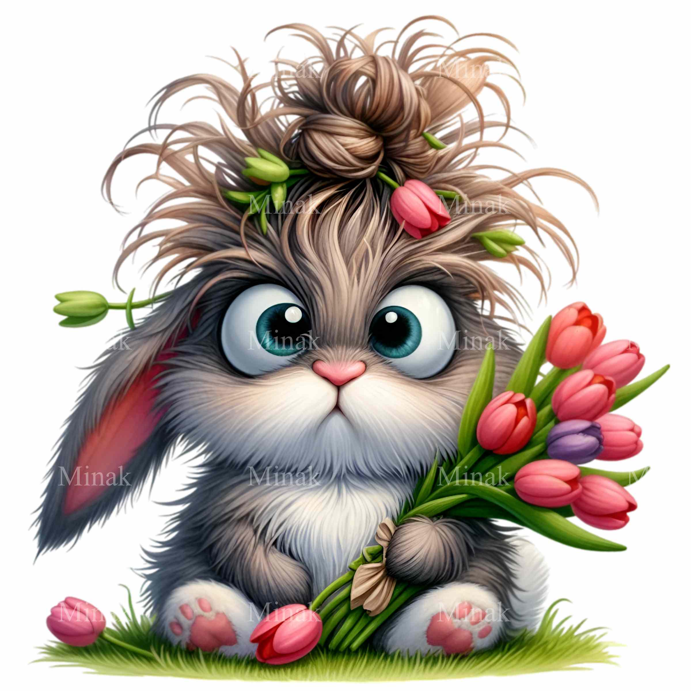 12 PNG Spring Bunny Clipart – Cute Fluffy Rabbit With Tulips – Easter ...