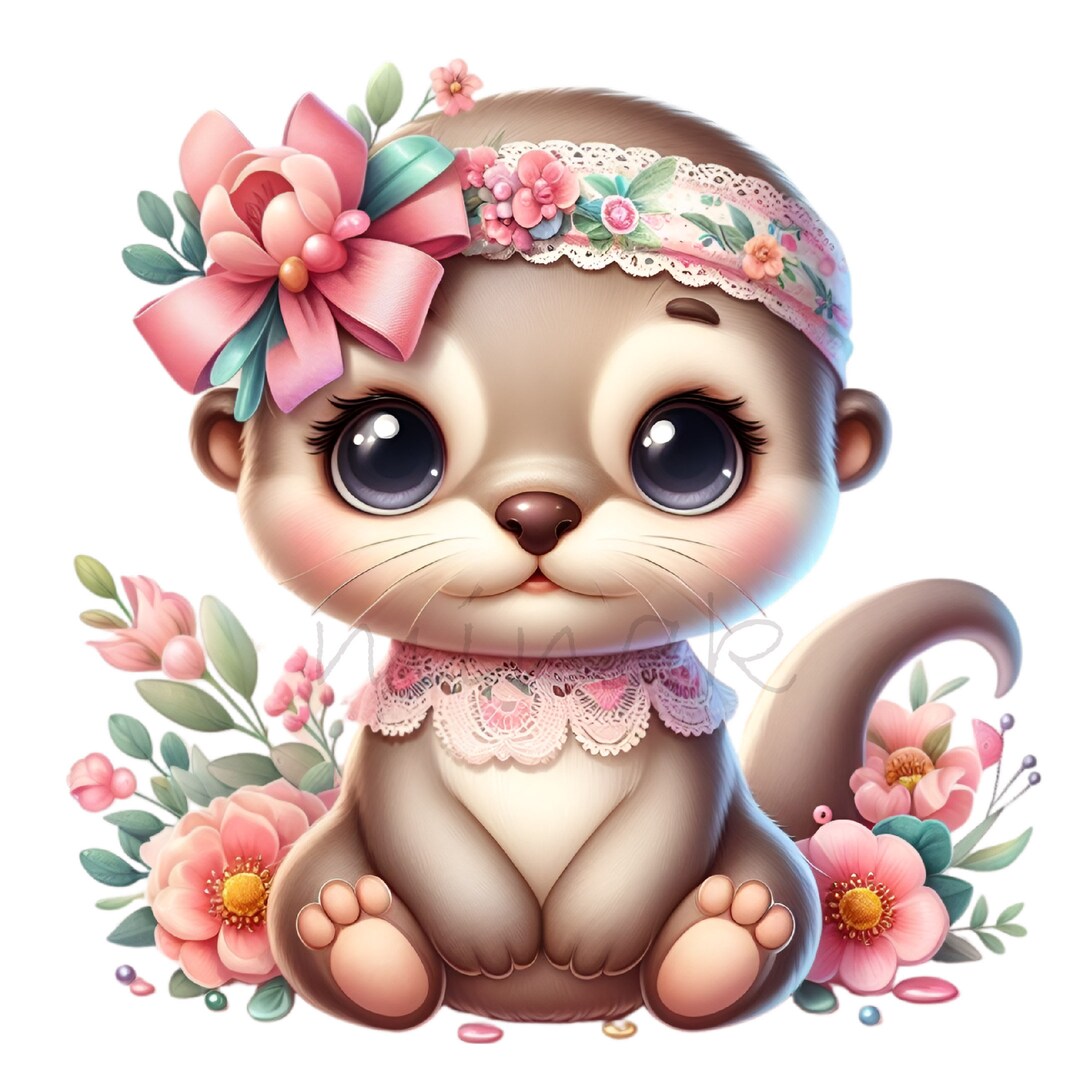 10 Cute Otter Clipart PNG, Baby Otter With Floral Headband and Lace ...