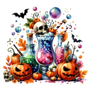 Halloween Potion Drinks With Skulls and Pumpkins Watercolor Clipart 14 ...
