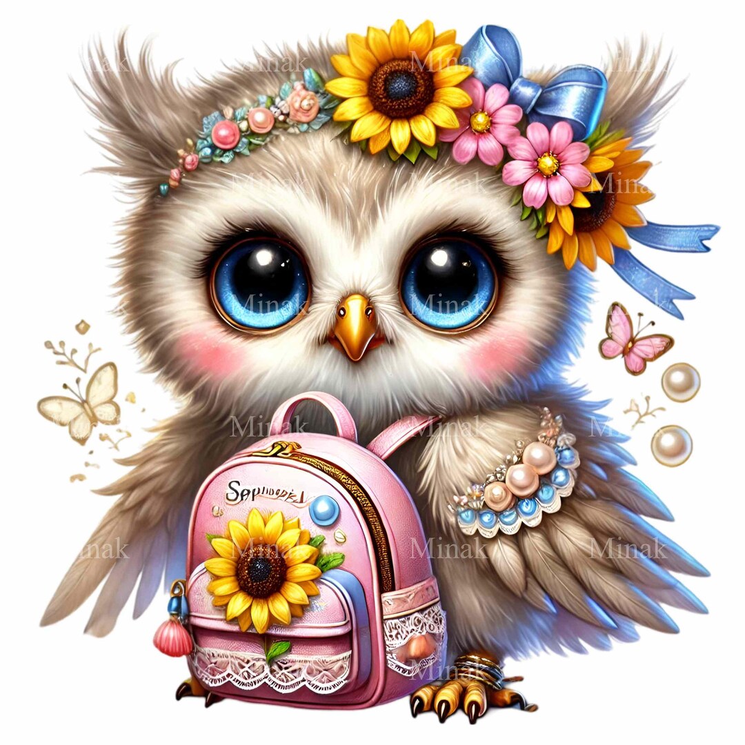 10 PNG Sunflower Owl Clipart, Back to School Floral Bird, Pink Backpack ...