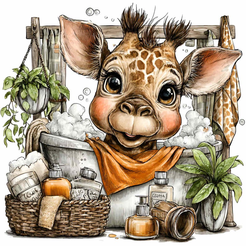 15 PNG Giraffe Bath Clipart – Bubble Bathtub Animal Art for Nursery ...