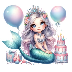 Mermaid Clipart, Birthday Cake Clipart, 14 PNG Watercolor Fairytale ...