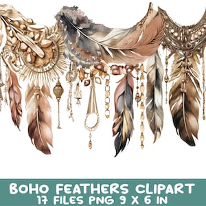 Boho Feathers Clipart Bundles, 17 PNG Watercolor Beaded Plumes Garland ...