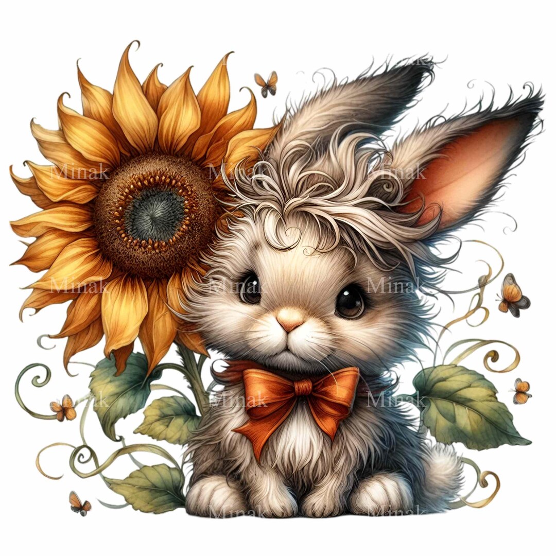 Bunny PNG Clipart With Curly Hair, Bow Tie, and Sunflower, 10 PNG ...