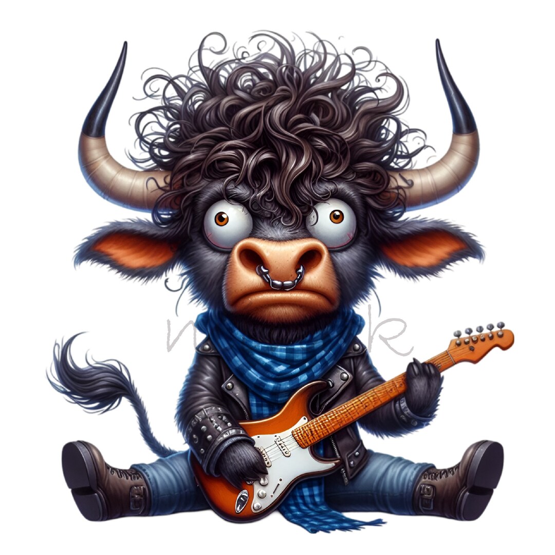 10 Rockstar Highland Cow Clipart PNG Cool Cow With Guitar and Leather ...