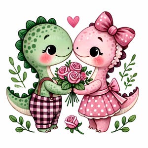 10 Romantic Dinosaur Couple PNG Clipart, Cute Dino With Roses Digital ...