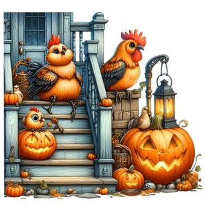 Halloween Rooster in Witch Hat Clipart Spooky Porch Scene With Jack-o ...