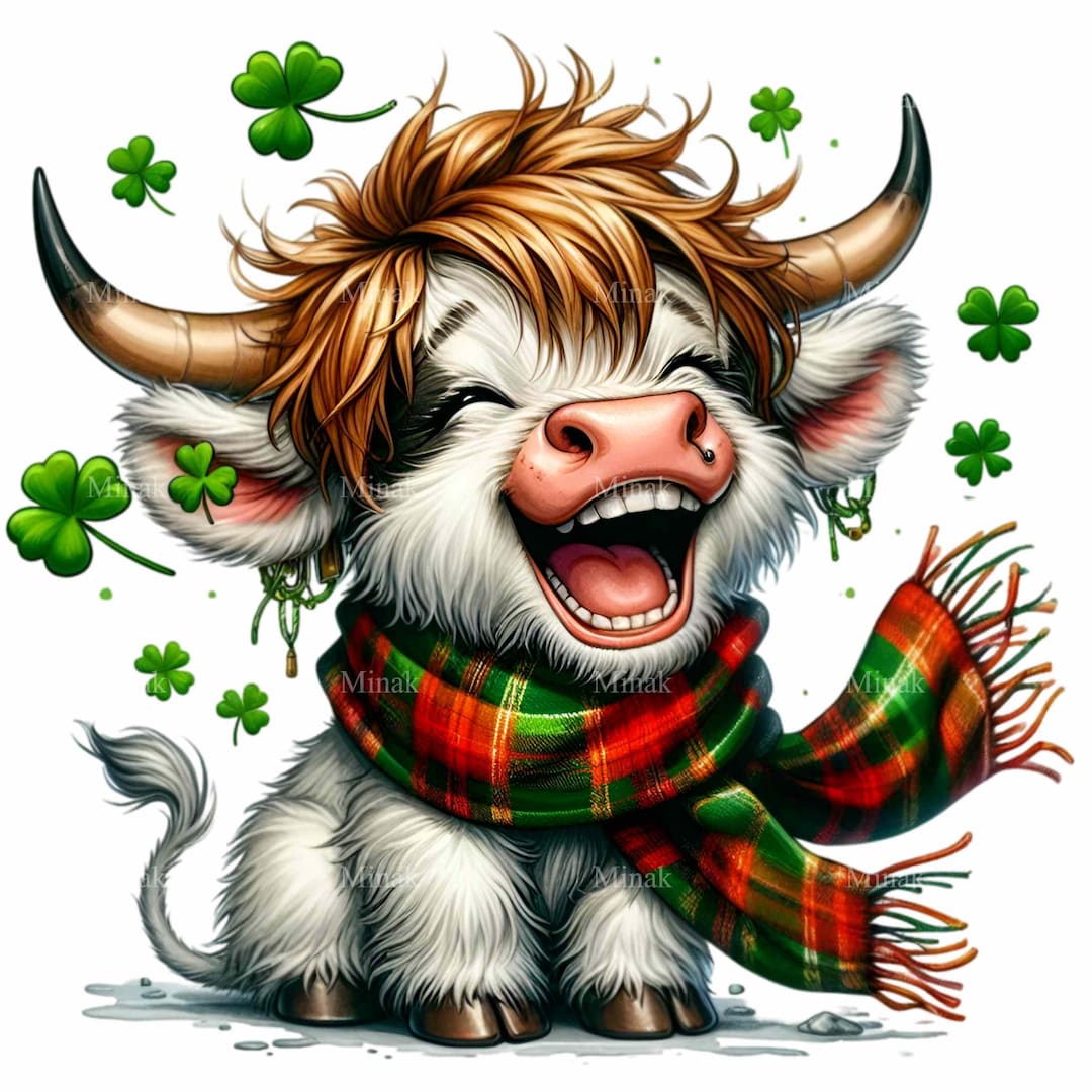 Cute Irish Cow PNG Clipart With Plaid Scarf and Shamrocks 12 Adorable ...