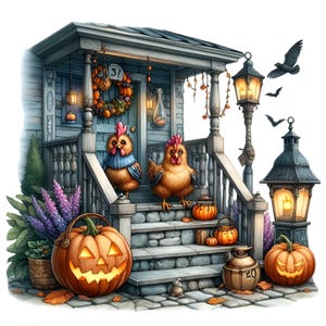 Halloween Rooster in Witch Hat Clipart Spooky Porch Scene With Jack-o ...