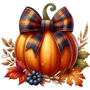 Plaid Bow Pumpkin Clipart With Autumn Leaves, Rustic Fall Decor for ...