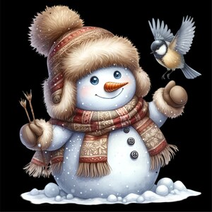 Cute Snowman Clipart With Bird, Winter Hat and Scarf Illustration, 14 ...