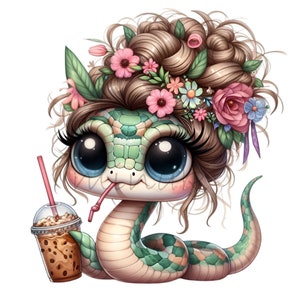 15 Funny Snake Drinking Coffee Cartoon Clipart Printable Digital Comics ...