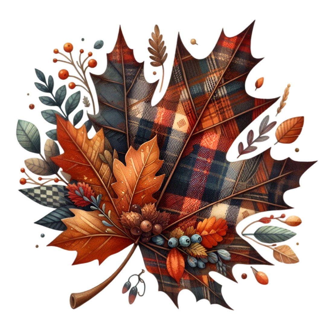 Autumn Plaid Leaves Clipart PNG - 14 Fall Foliage, Berries, and Acorns ...