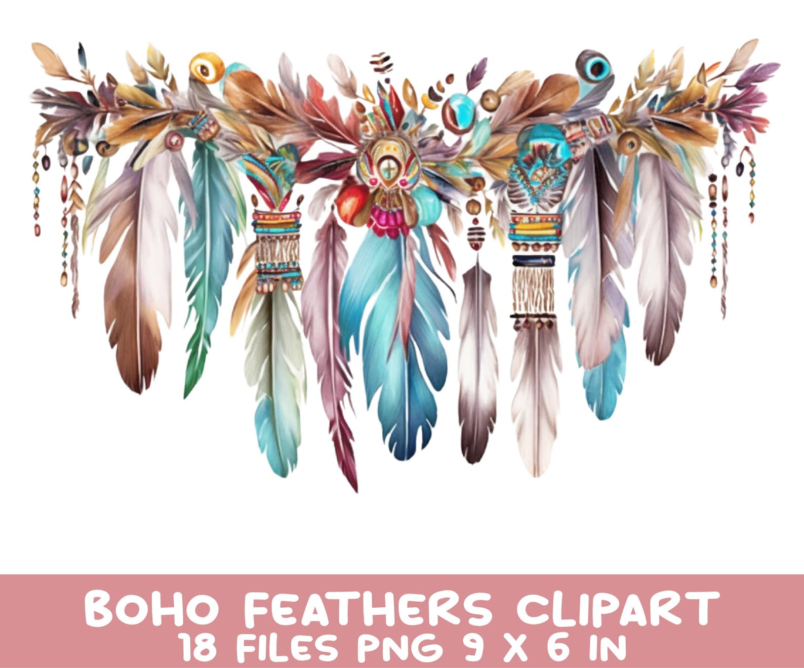 Boho Feathers Clipart Bundles, 18 PNG Watercolor Beaded Plumes Garland ...