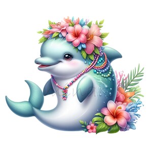 Dolphin Clip Art, 10 PNG Floral Summer Ocean Animal, Kids Graphics ...