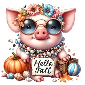 Fall Pig Clipart PNG 10 Cute Pig With Glasses, Scarf, and 'hello Fall ...