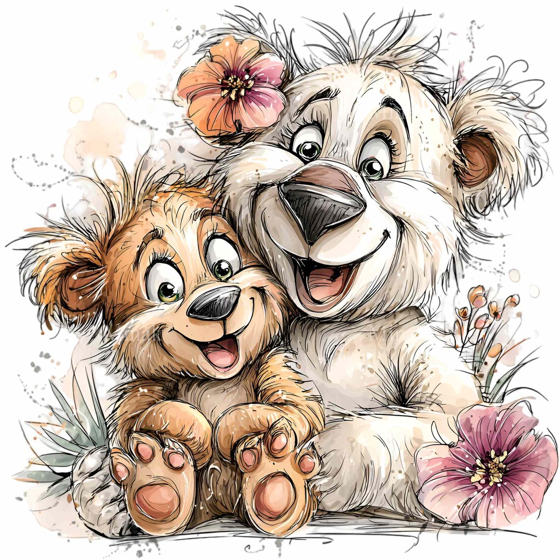 10 PNG Mother and Baby Bear Clipart – Cute Floral Bear Illustration ...