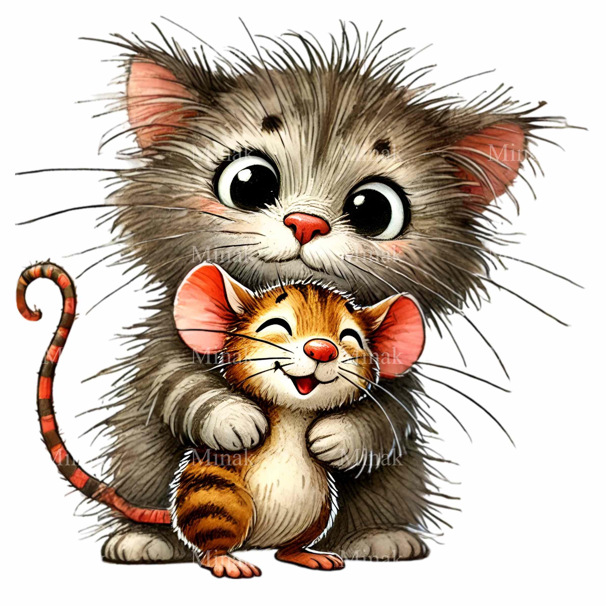 14 Funny Cat and Mouse PNG Clipart, Cute Fluffy Kitten Hugging a Mouse ...