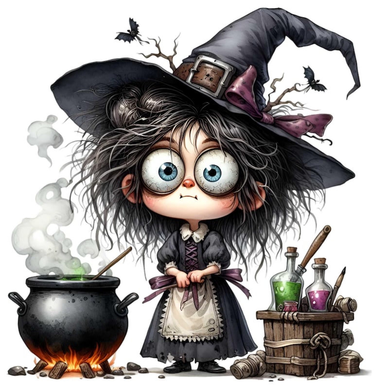 12 PNG Girl Witch Clipart, Halloween Cauldron Spooky Potion Magic Cat ...