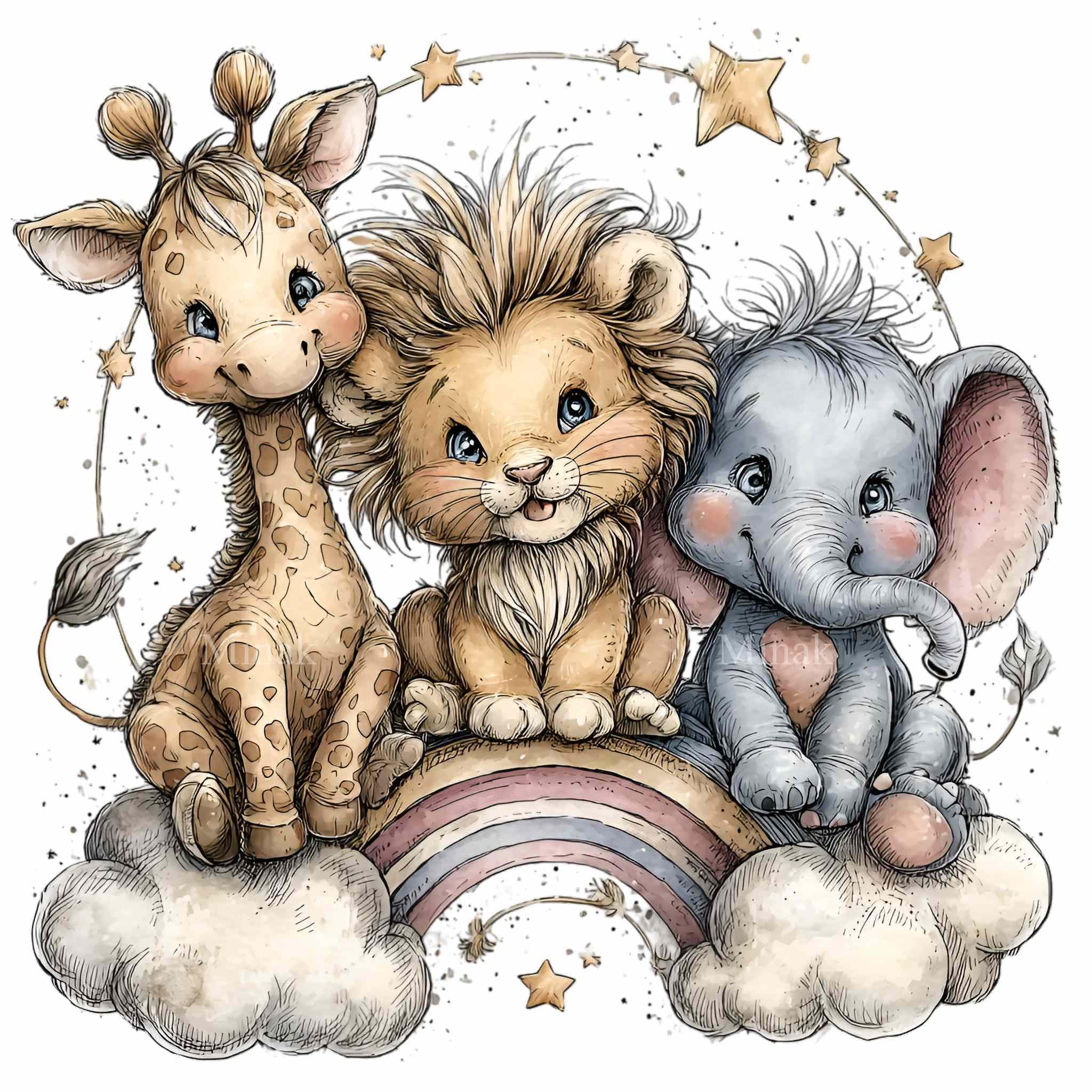 12 PNG Safari Baby Animals Clipart – Lion Giraffe Elephant PNG – Jungle ...